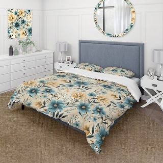 Designart "Blue Beige Vintage Chic Flower Pattern I" Blue cottage bedding set with shams - Bed ...